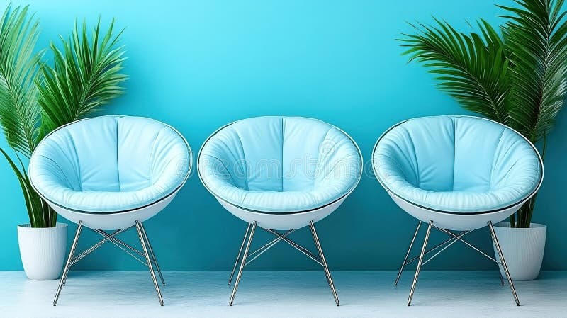 Three Blue Chairs, Waiting Area, Tropical Plants, Blue Wall, Interior ...