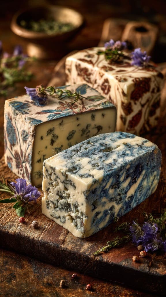 Three Blue Cheese Varieties with Herbs on Wooden Board Stock ...