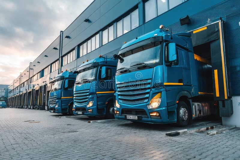 Trucks Parked at a Distribution Center during a Rainy Night, Facing ...