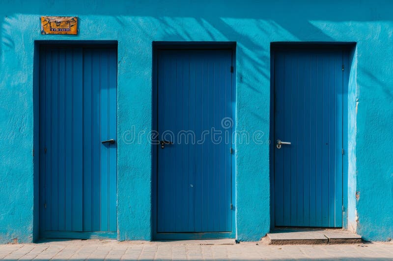 Three Blue Doors on a Bright Blue Wall Symbolize Opportunity Choice and ...