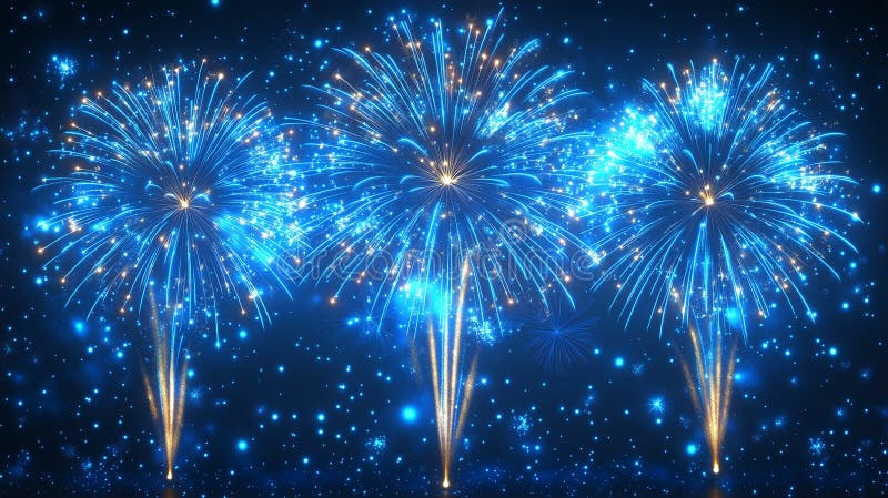 Three Blue Fireworks Exploding in a Dark Sky with Sparkling Lights ...