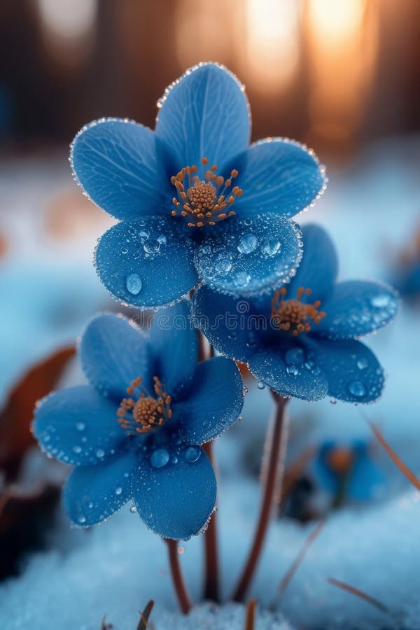 Three Blue Flowers in the Snow. First Spring Flowers Stock Illustration ...