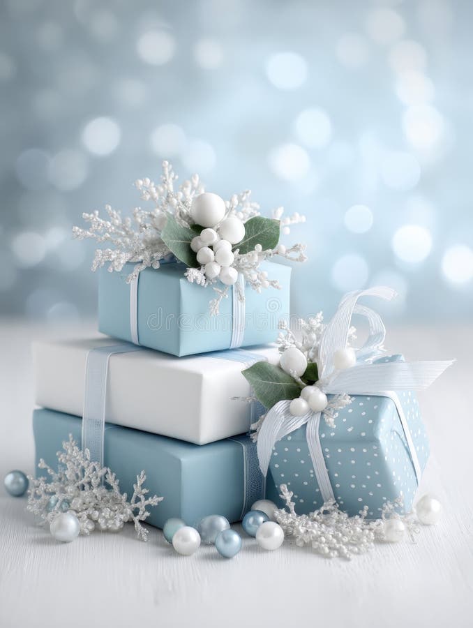 Three Blue Gift Boxes Decorated with White Bows and Snowflake Patterns ...