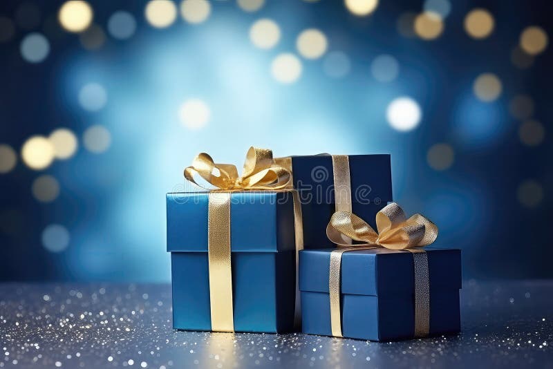 Three Blue Gift Boxes with Gold Ribbons on a Blue Background Stock ...