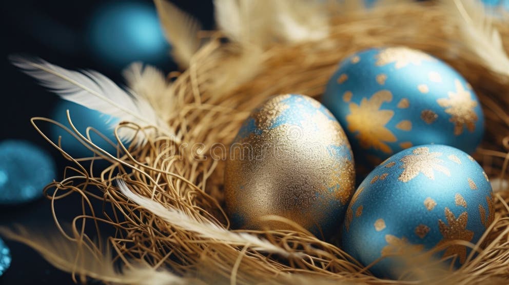 Three Blue and Gold Easter Eggs in a Nest. Suitable for Easter Holiday ...