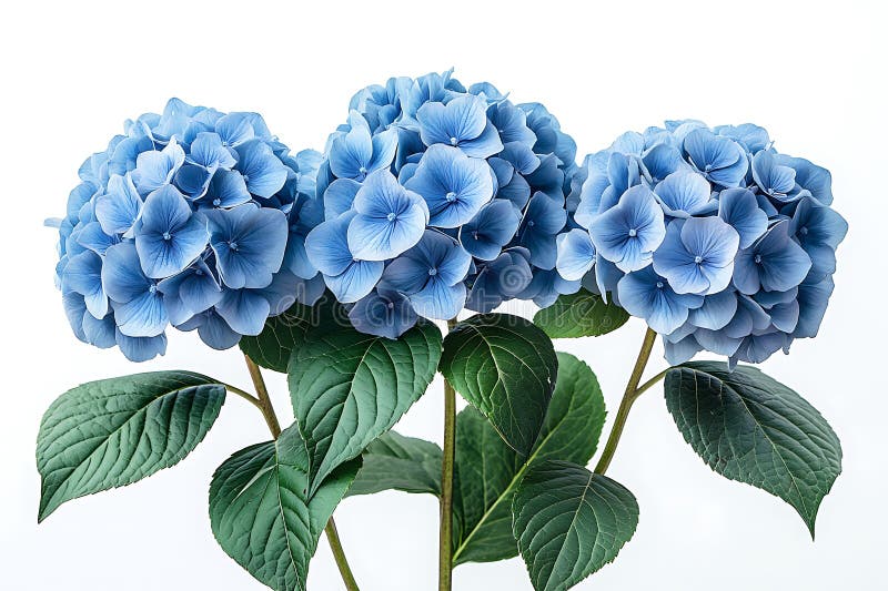 Three Blue Hydrangea Blossoms with Green Leaves Isolated on White ...