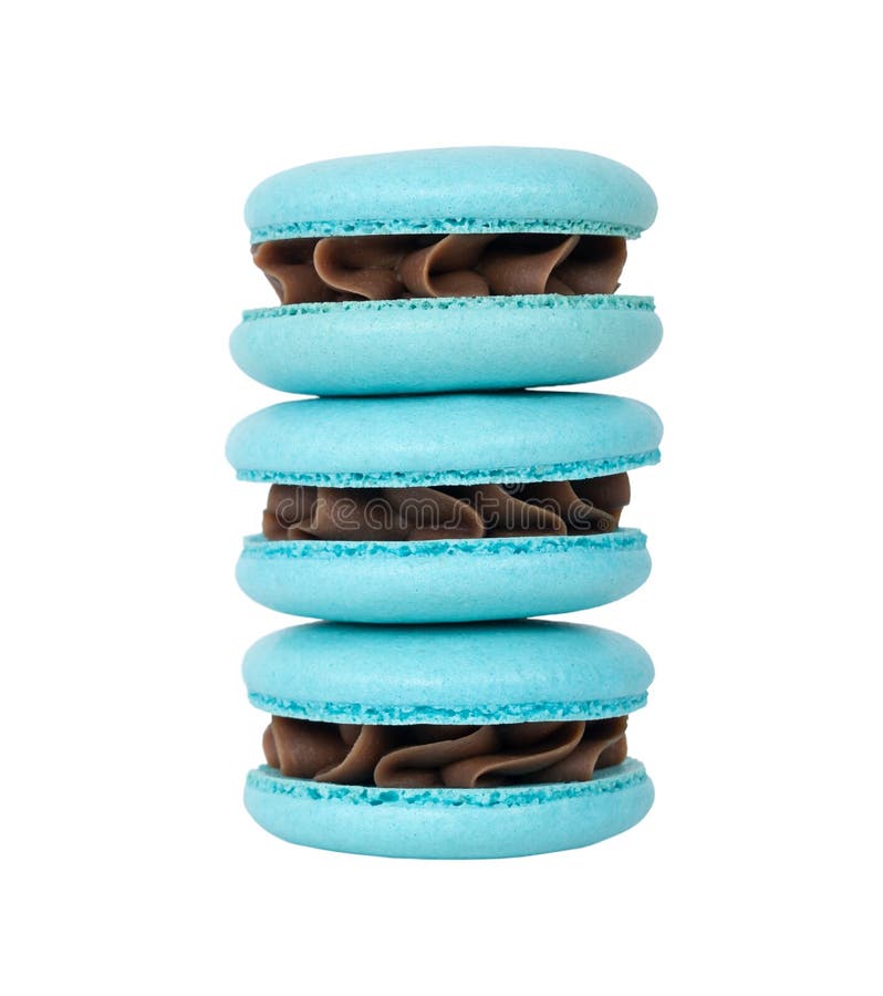 Three Blue Macarons with Chocolate Cream Isolated on White Stock Photo ...
