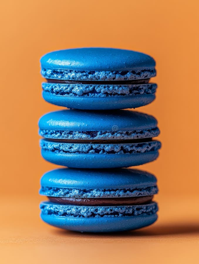 Three Blue Macarons Stacked on an Orange Background Stock Image - Image ...