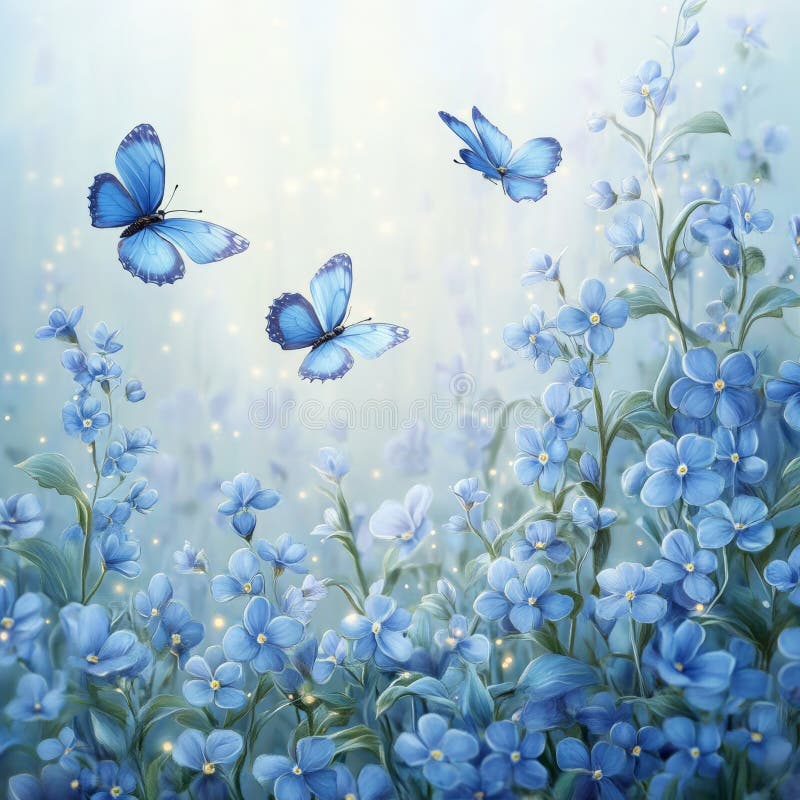 Three Blue Morpho Butterflies Flutter Gracefully Over a Meadow of ...