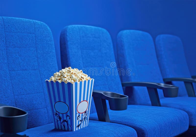 Three Blue Movie Chairs on a Blue Background and Popcorn in a Blue and ...