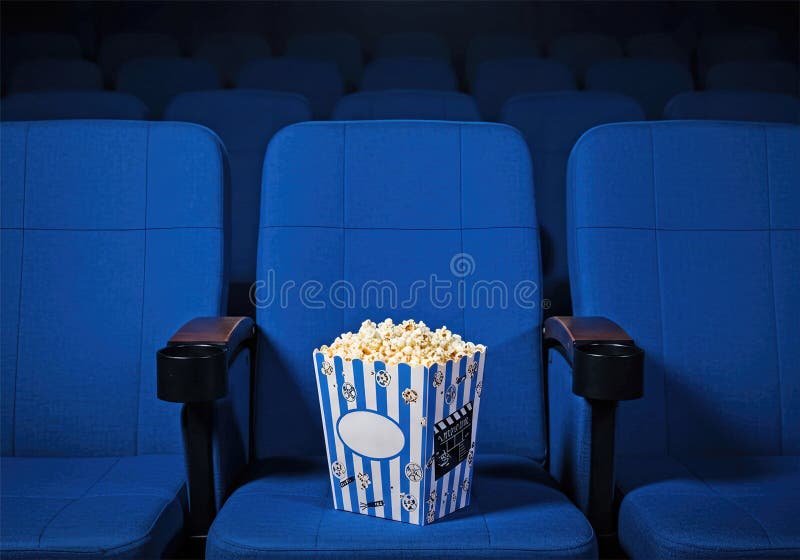 Three Blue Movie Chairs on a Blue Background and Popcorn in a Blue and ...