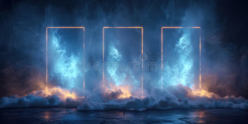 Three Blue Neon Glowing Blank Picture Frames on a Dark Navy Background ...