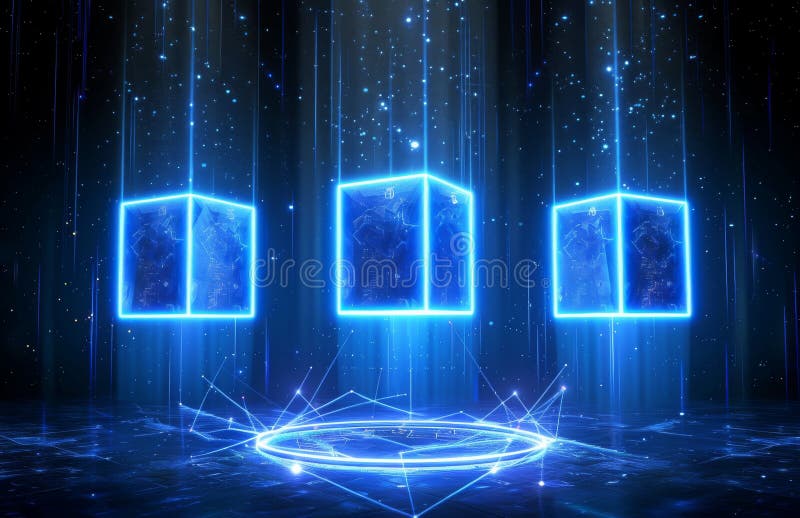 Three Blue Neon Glowing Boxes Floating in a Futuristic Digital ...
