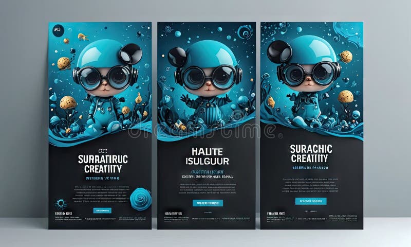 Three Blue Posters with a Cartoon Character on Them, Each with a ...