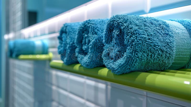 Three Blue Rolled Towels on a Green Towel Rack in a Modern Bathroom ...