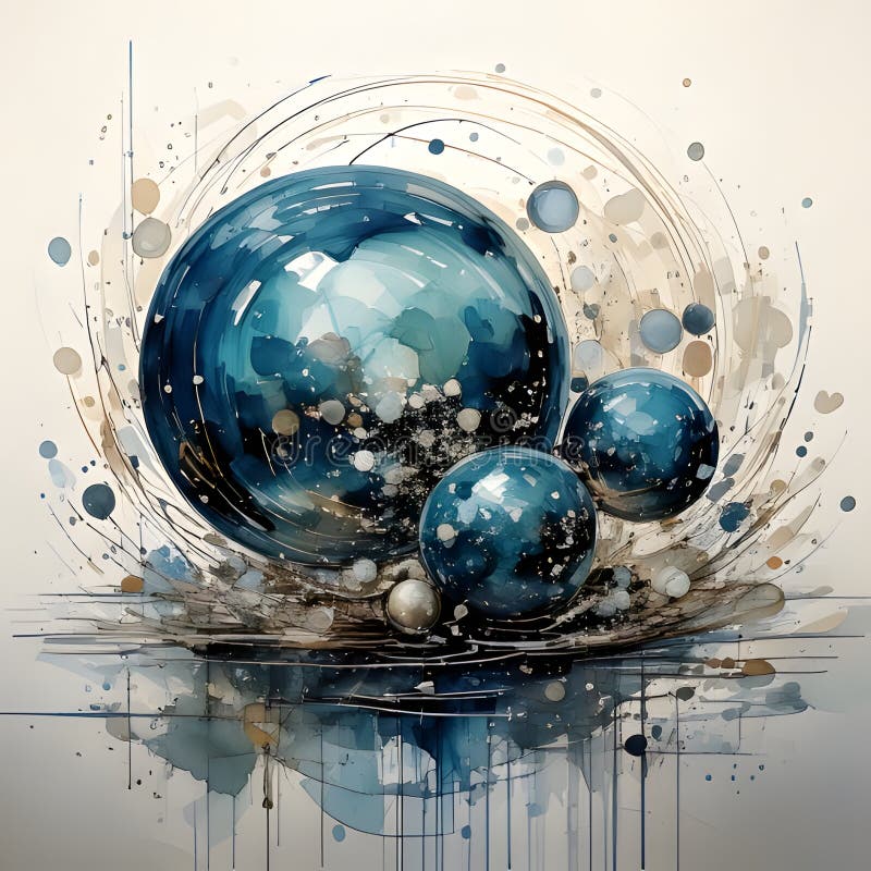 Three Blue Spheres Rest on a Reflective Surface, Surrounded by Abstract ...