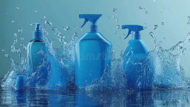 Three Blue Spray Bottles Surrounded by Splashing Water on a Gradient ...
