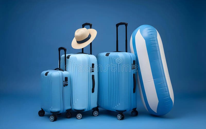 Three Blue Suitcases with Wheels, a Straw Hat, and a Blue and White ...