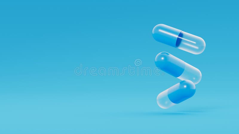 Three Blue and Transparent Empty Capsules, Pills Float on Blue ...