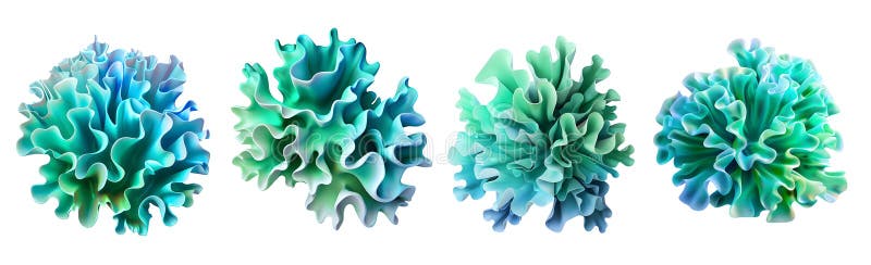 Three Blue Turquoise Corals Set on White Background. Three Dimensional ...