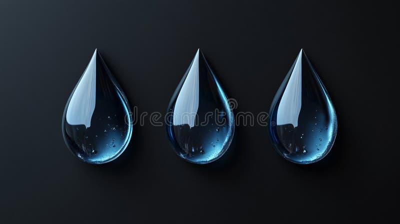 Three Blue Water Drops on Black Background Purity Cleanliness Hydration ...