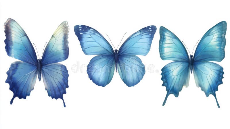 Three Blue Watercolor Butterflies on White Background Stock ...