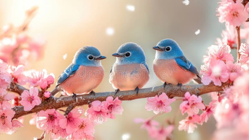 Three Bluebirds Perched on Branch Surrounded by Pink Cherry Blossoms in ...