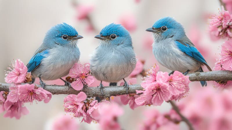 Three Bluebirds Perched on Cherry Blossom Branch Stock Image - Image of ...