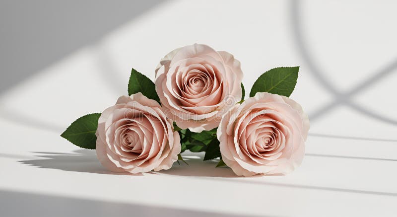 Three Light Pink Roses with Green Leaves Arranged on a White Surface ...