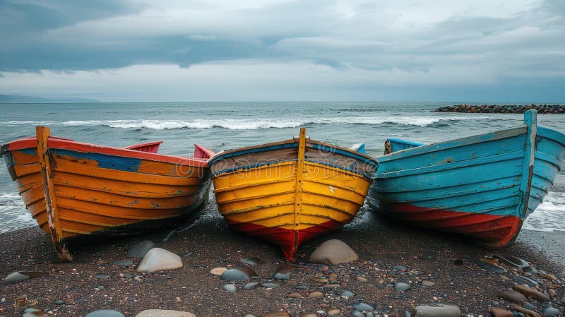 Three Boats Sitting on a Beach Next To the Ocean Stock Photo - Image of ...