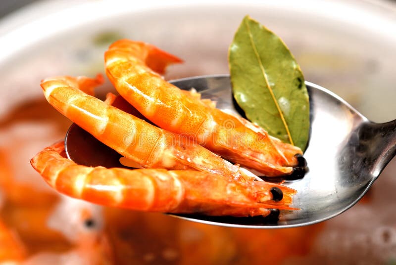 Three Boiled Prawns on a Spoon Stock Photo - Image of eating, boiled ...
