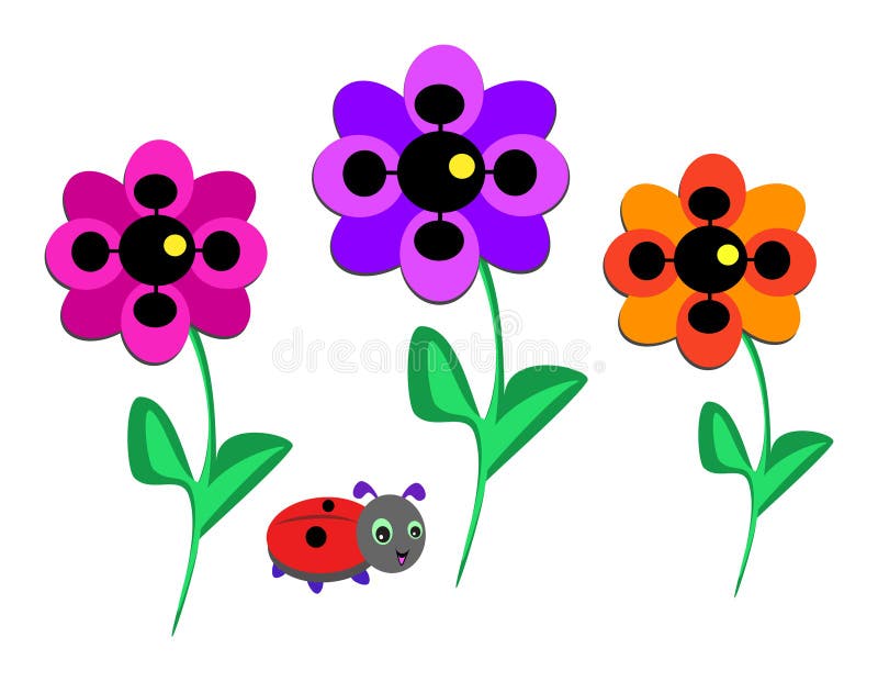 Three Bold Flowers and Ladybug Stock Vector - Illustration of sweet ...