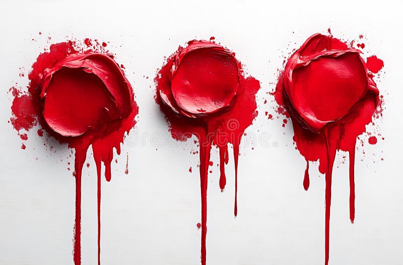 Three Bold Red Paint Swatches Dripping on a White Canvas Surface ...