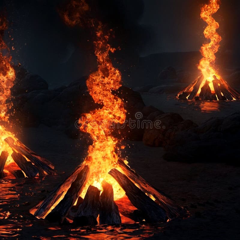 Three Bonfires Burning on a Beach at Night Stock Illustration ...