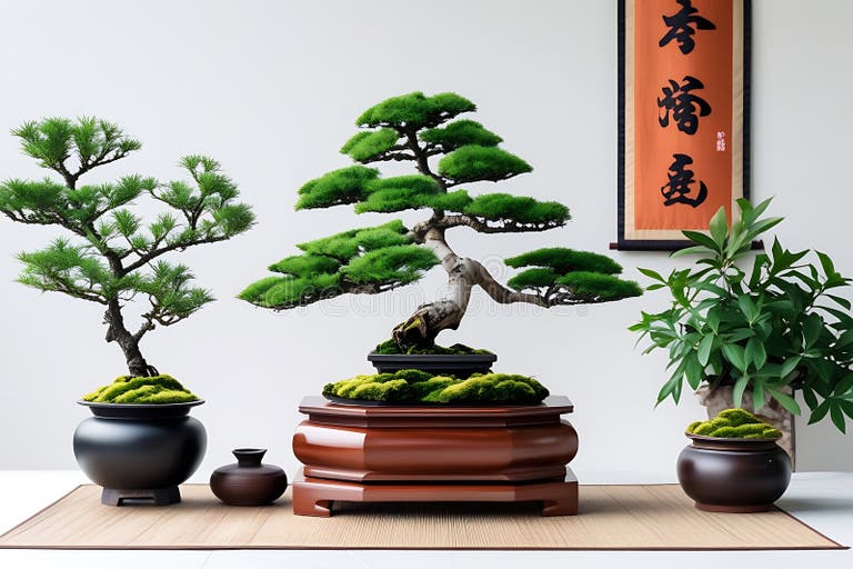 Three Bonsai Trees with Asian Calligraphy Art Stock Illustration ...