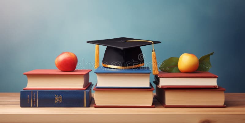 Three Books Stacked Up Above Graduation Cap Stock Photo - Image of ...