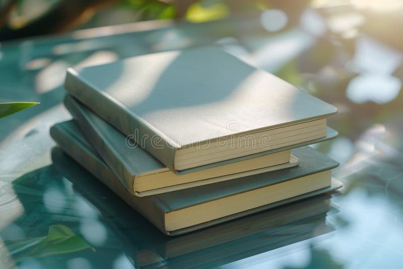 Three Books Stacked on a Wooden Rectangular Glass Table Stock Photo ...