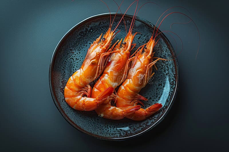 Three Botan Shrimp on Black Plate, Surrounded by Dishware on Table ...