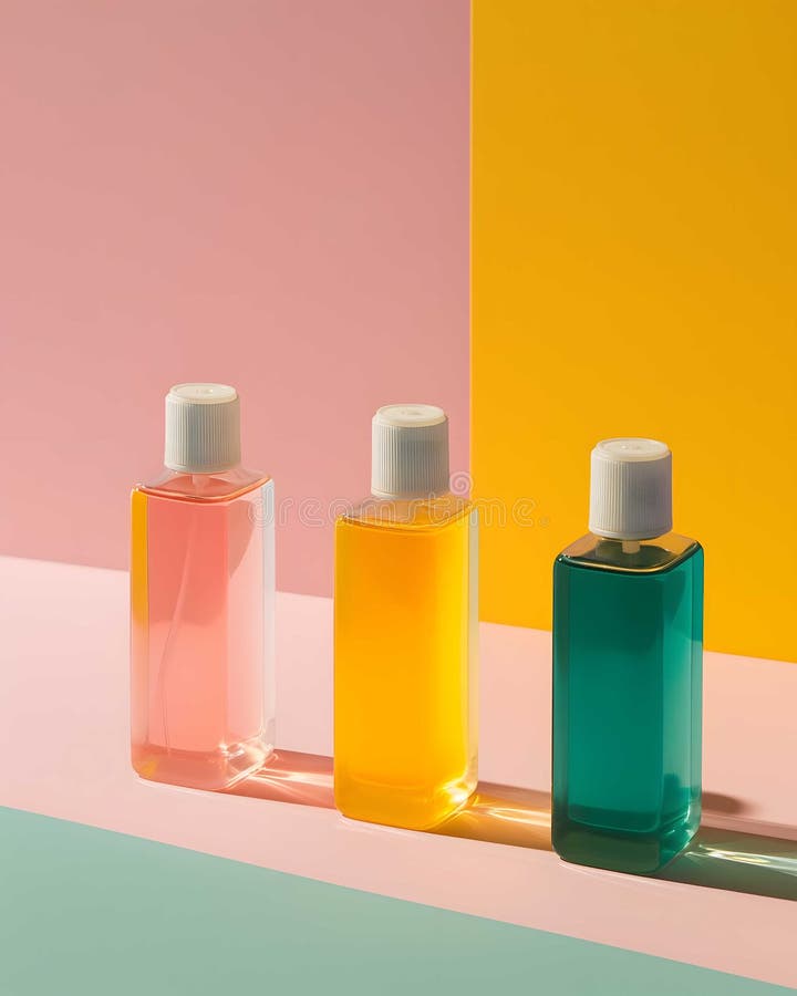 Three Bottles of Bcoo Gel Product Containing Different Colored Liquids ...