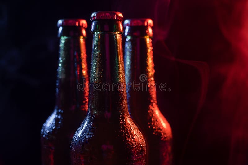 Three Bottles of Beer in a Blue-pink Mist. Stock Image - Image of mist ...