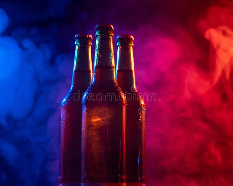 Three Bottles of Beer in a Blue-pink Mist. Stock Photo - Image of flow ...