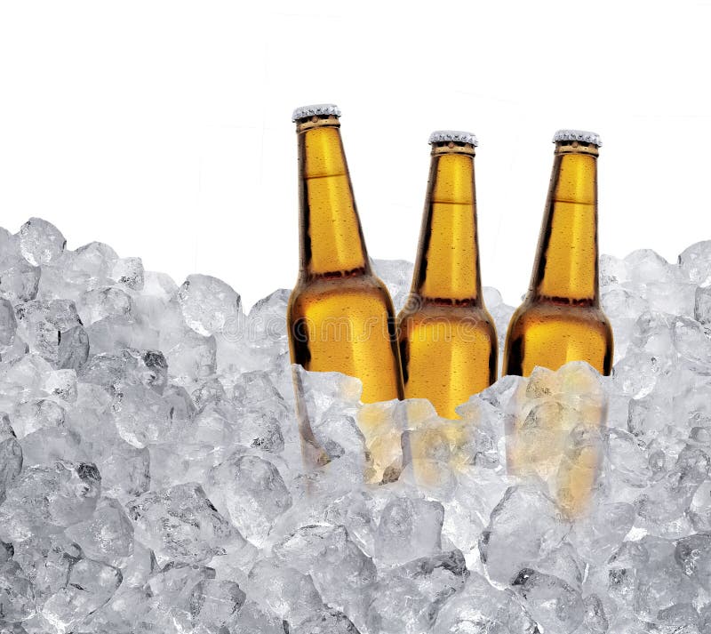 Three Bottles of Beer on Ice Cubes Isolated on White Background Stock ...