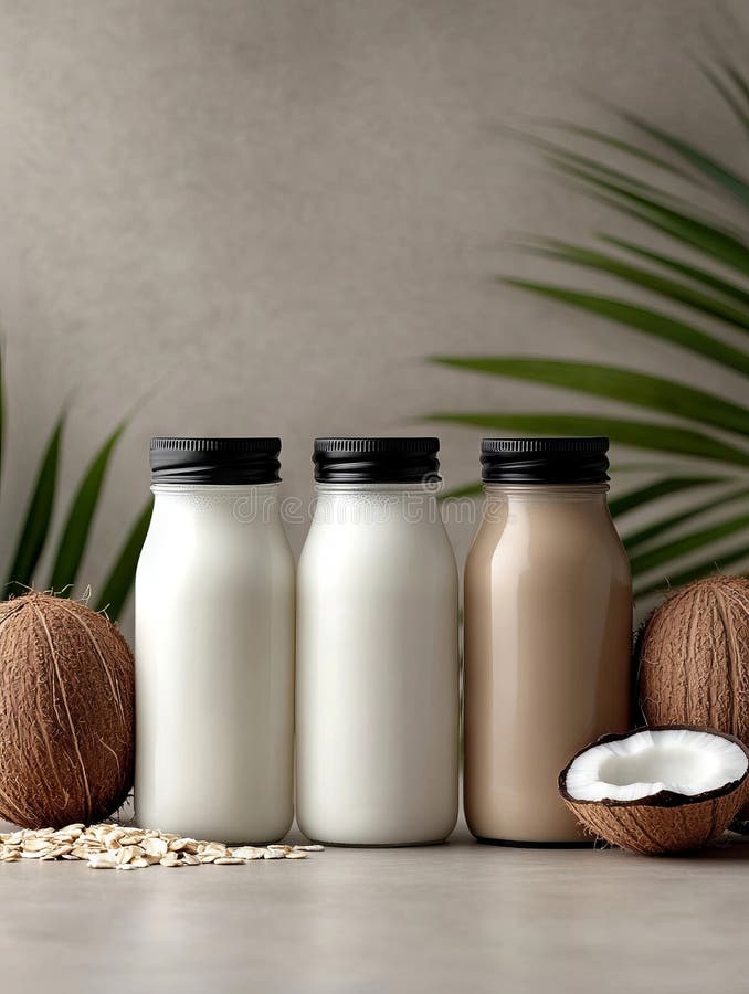 Three Bottles of Coconut Milk and Some Oats on a Table Stock Image ...