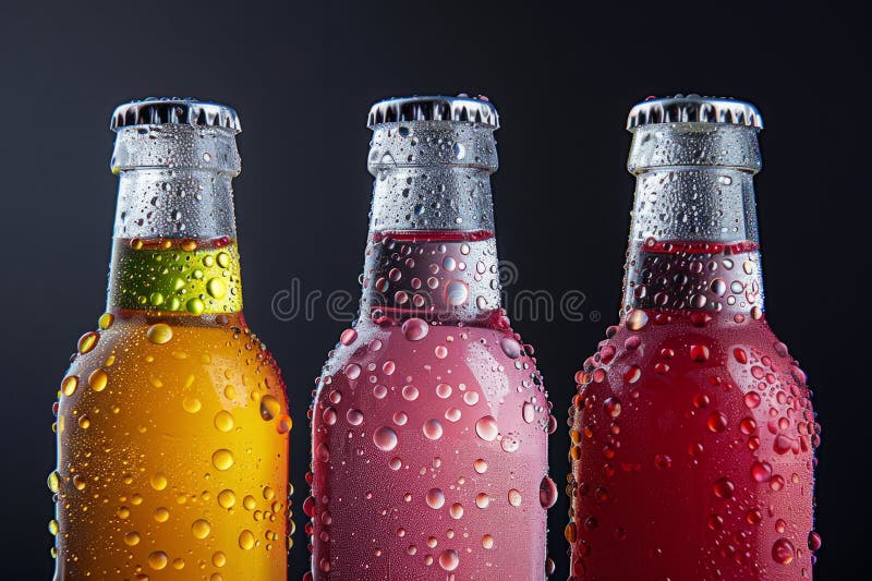 Three Bottles of Cold Fruit Water. Lemonade with Large Drops of ...