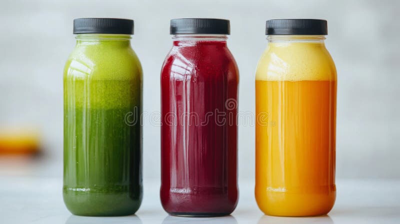 Three Bottles of Colorful Fresh Juice on White Background Stock ...