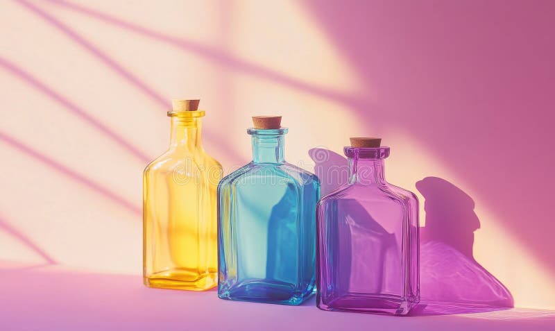 Three Bottles of Different Colors, One Yellow, One Blue and One Purple ...