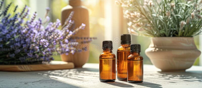 Three Bottles of Essential Oils on Table Stock Photo - Image of ...