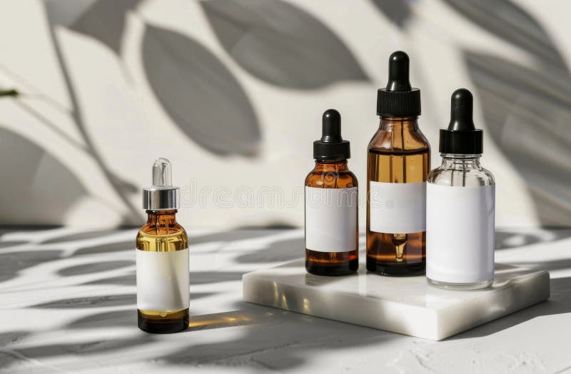 Three Bottles of Essential Oils on a White Background Stock Photo ...