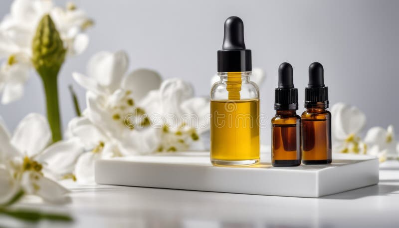 Three Bottles of Essential Oils on a White Tray Stock Illustration ...