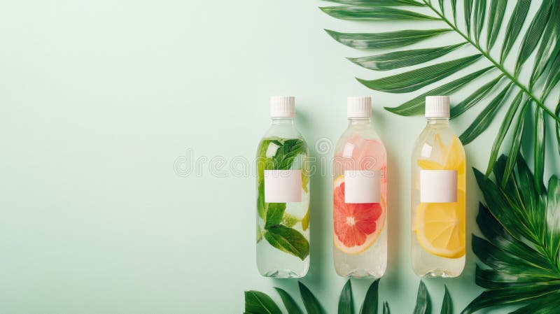 Three Bottles of Infused Water with Fruit and Mint on Green Background ...
